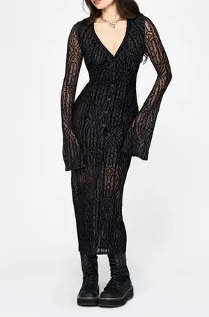 DISTURBIA Riven Flocked Ruched Front Midi Dress