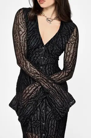 DISTURBIA Riven Flocked Ruched Front Midi Dress