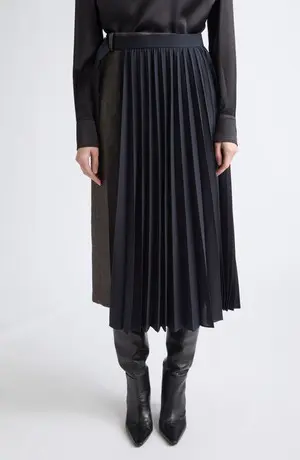 Sacai Herringbone & Pleated Midi Skirt - Brown/navy