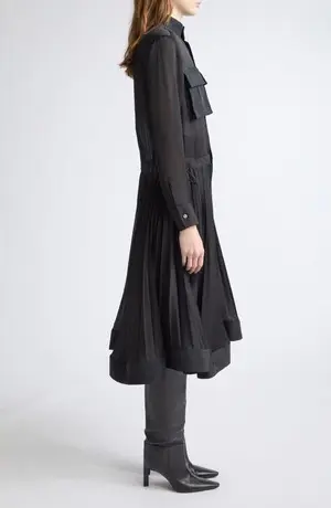 Sacai Taffeta Bonding & Satin Pleated Midi Dress