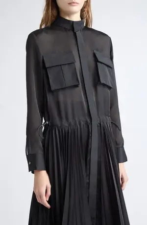 Sacai Taffeta Bonding & Satin Pleated Midi Dress