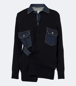Sacai Layered Wool-blend And Denim Cardigan