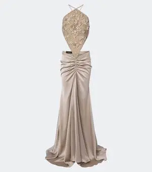 GEORGES HOBEIKA Embellished Gathered Open-back Satin Gown - Beige
