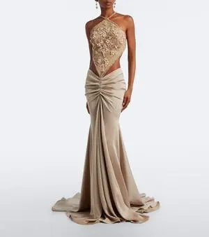 GEORGES HOBEIKA Embellished Gathered Open-back Satin Gown