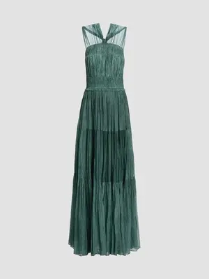 Ulla Johnson Freesia Shirred Silk Chiffon Sleeveless Gown - Kelp