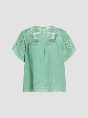 Ulla Johnson Florence Embroidered Floral Silk Tulle Top