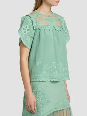 Ulla Johnson Florence Embroidered Floral Silk Tulle Top