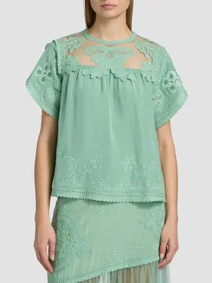 Ulla Johnson Florence Embroidered Floral Silk Tulle Top
