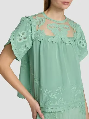 Ulla Johnson Florence Embroidered Floral Silk Tulle Top