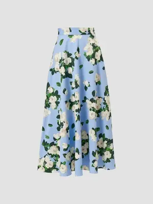 Carolina Herrera Cabana Floral Half Circle Cotton-blend Midi-skirt - Cloudy Blue Multi