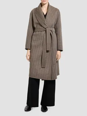 Theory Herringbone Wool-cashmere Shawl Coat - Mocha Multi