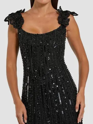 Mac Duggal Evening Beaded Floral Mesh Gown - Black