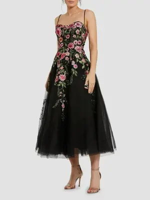 Mac Duggal Cocktail Floral Embroidered Tulle Midi-dress Black Multi