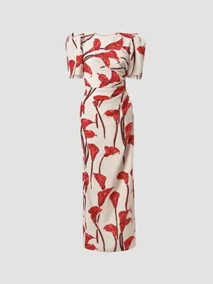 Carolina Herrera Floral Gathered Puff-sleeve Cocktail Dress - Ceramic Multi