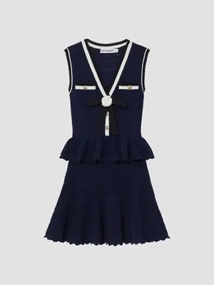 SELF-PORTRAIT Pointelle Knit Peplum Mini Dress - Navy
