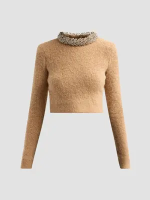 SELF-PORTRAIT Beaded-trim Knit Sweater - Brown