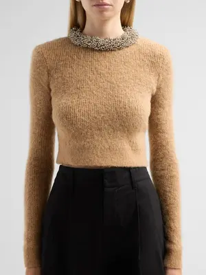 SELF-PORTRAIT Beaded-trim Knit Sweater - Brown
