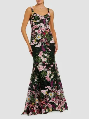 Mac Duggal Floral Embroidered Mermaid Gown - Black Multi