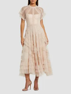 Mac Duggal Mesh Ruffle Flutter-sleeve Midi-dress