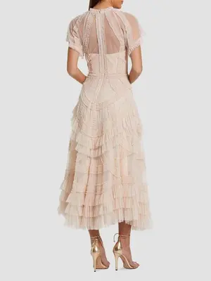 Mac Duggal Mesh Ruffle Flutter-sleeve Midi-dress