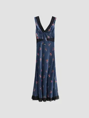 SELF-PORTRAIT Inset-lace Printed Satin Midi Dress