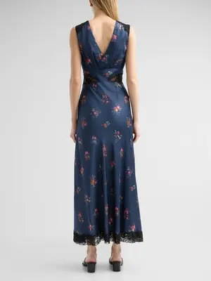 SELF-PORTRAIT Inset-lace Printed Satin Midi Dress