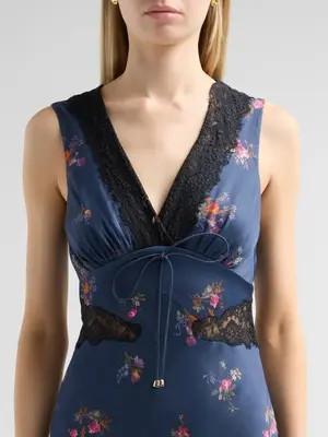 SELF-PORTRAIT Inset-lace Printed Satin Midi Dress