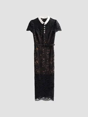 SELF-PORTRAIT Lace Contrast Collar Midi Dress