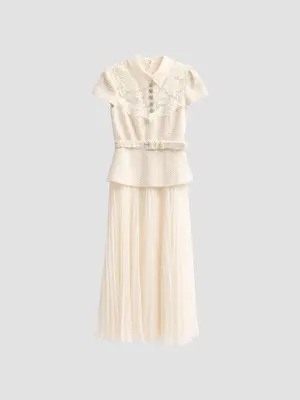 SELF-PORTRAIT Lace & Boucle Midi Dress - Cream