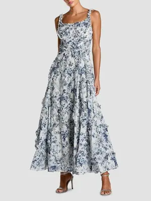 Mac Duggal Ruffle Floral Sweetheart Maxi Dress - Blue Multi