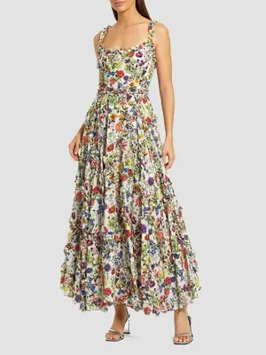 Mac Duggal Ruffle Floral Sweetheart Maxi Dress White Multi