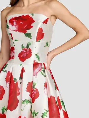 Mac Duggal Floral Strapless Satin Midi-dress