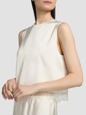 Vince Asymmetric Satin Lace-trim Top