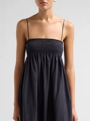 Vince Smocked Cotton-silk Tie Cami Dress - Ink