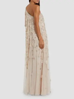 Mac Duggal Floral-embellished Mesh One-shoulder Gown