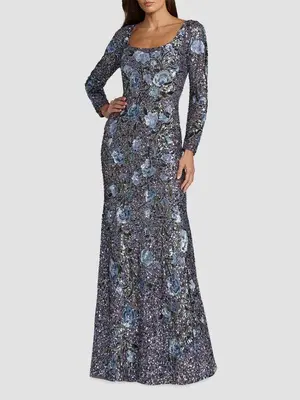 Mac Duggal Floral Beaded Mesh Gown - Hydrangea Multi