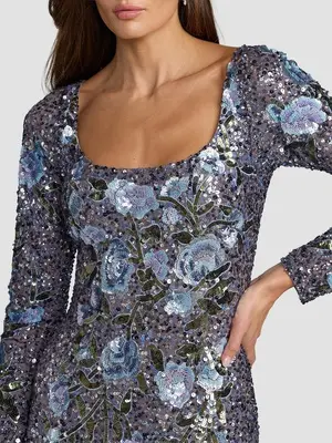 Mac Duggal Floral Beaded Mesh Gown - Hydrangea Multi