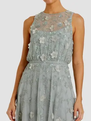 Mac Duggal Floral Embellished Mesh A-line Midi-dress