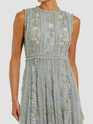 Mac Duggal Evening Embellished Ruffled Mesh A-line Gown - Sage Multi