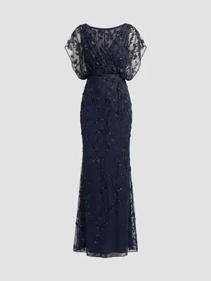 Mac Duggal Beaded Draped Mesh Column Gown - Navy