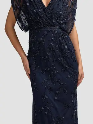 Mac Duggal Beaded Draped Mesh Column Gown - Navy
