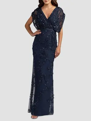 Mac Duggal Beaded Draped Mesh Column Gown - Navy