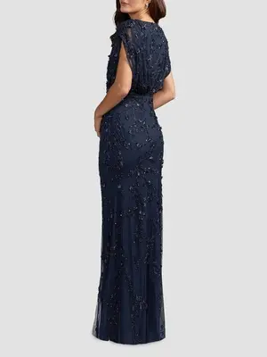 Mac Duggal Beaded Draped Mesh Column Gown - Navy