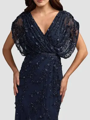 Mac Duggal Beaded Draped Mesh Column Gown - Navy