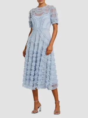 Mac Duggal Mesh Ruffle A-line Midi-dress