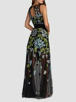 Mac Duggal Floral Embroidered Bow Appliqué Mesh Gown