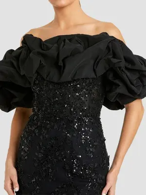 Mac Duggal Evening Beaded Appliqué Off-the-shoulder Mermaid Gown - Black