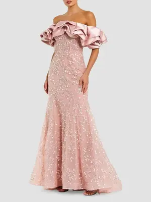 Mac Duggal Evening Beaded Appliqué Off-the-shoulder Mermaid Gown - Rose