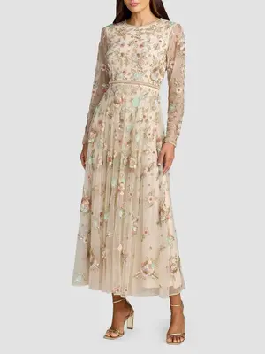 Mac Duggal Floral Beaded Mesh Midi-dress Beige Multi