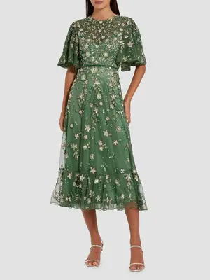 Mac Duggal Floral Beaded Mesh Midi-dress - Sage